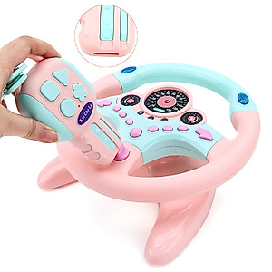 deAO Kids Steering Wheel for Backseat with Key Baby Toys Pretend Driving Simulated Steering Wheel Toy with Light and Music Gifts for Kids Toddlers (Pink)
