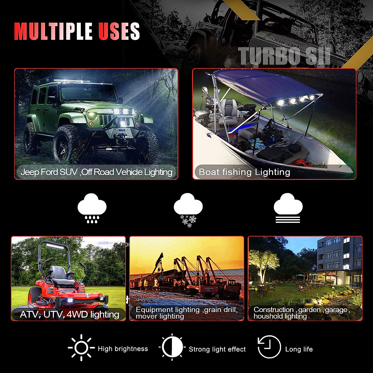 TURBO SII 12 Inch LED Light Bar Spot Flood Combo Beam 180W Double Row Light Bar Off Road Driving Led Work Lights for UTV ATV Truck Boat Waterproof