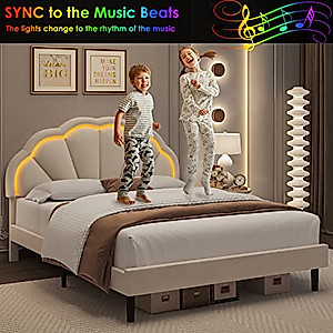 HIFIT Queen Upholstered Smart LED Bed Frame with Adjustable Elegant Flowers Headboard, Platform Bed Frame Queen Size with Wooden Slats Support, No Box Spring Needed, Easy Assembly, Beige