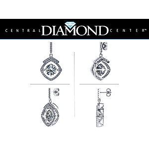 Central Diamond Center Square Halo Dancing Gemstone Dangle Earrings Sterling Silver with Pure Brilliance CZ, Platinum Plated
