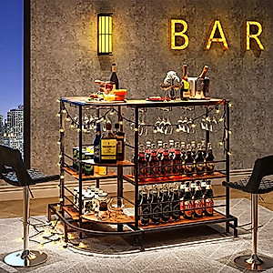 kepptory L-Shape Bar Table, 3-Tier Liquor Bar Table with Storage & Glasses Holder & Footrest, Farmhouse Wine Bar Cabinet for Home, FreeStanding Sideboard and Buffet Cabinet, Retro Brown