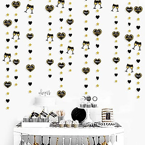 52Ft Black Gold Happy Birthday Decorations Happy Birthday Hearts and Wine Glass Star Garland Hanging Bunting Banner Streamers Backdrop for Women Mens 30th 40th 50th 60th 70th Birthday Party Supplies