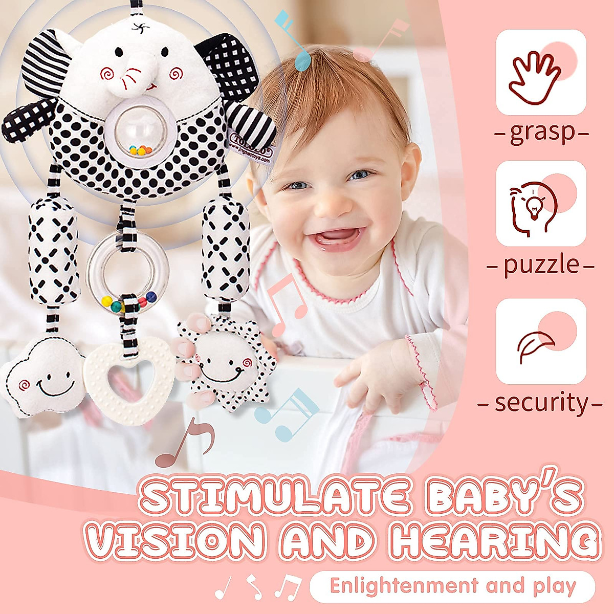 AUYYOSK 2PCS Soft Rattles for Baby,Black and White High Contrast 0-3 Months Newborn Toys,Baby Toys 0-6 Months,Infant Toys 0 3 6 12 Months