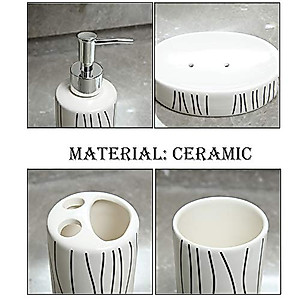 LUEUR 5 Pieces Ceramic Bathroom Accessories Set Includes Soap Dispenser, Soap Dish, 2 Tumblers, Divided Toothbrush Holder w/ Striped Line Printed