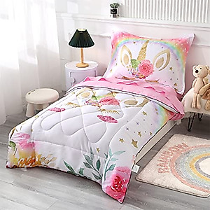 Wowelife Toddler Bedding Sets for Girls, Premium 4 Piece Unicorn Bedding Toddler Bed Set Rainbow, Pink Toddler Comforter Set, Super Soft and Comfortable for Toddler
