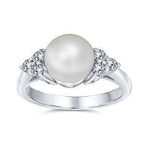 Bling Jewelry Personalize Bridal Party CZ Side Stones White Solitaire Freshwater Cultured Pearl Engagement Cocktail Ring For Women .925 Sterling Silver Customizable