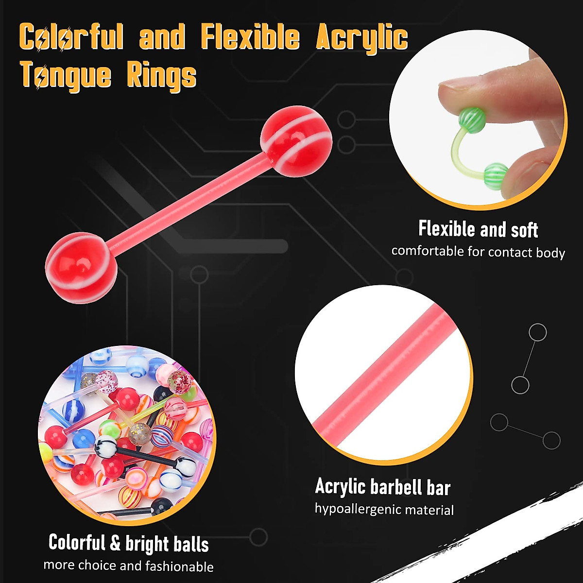 CrazyPiercing 100Pcs 14G Acrylic Tongue Rings, Multi Color Assortment Flexible Tongue Rings Barbells Mix Piercing