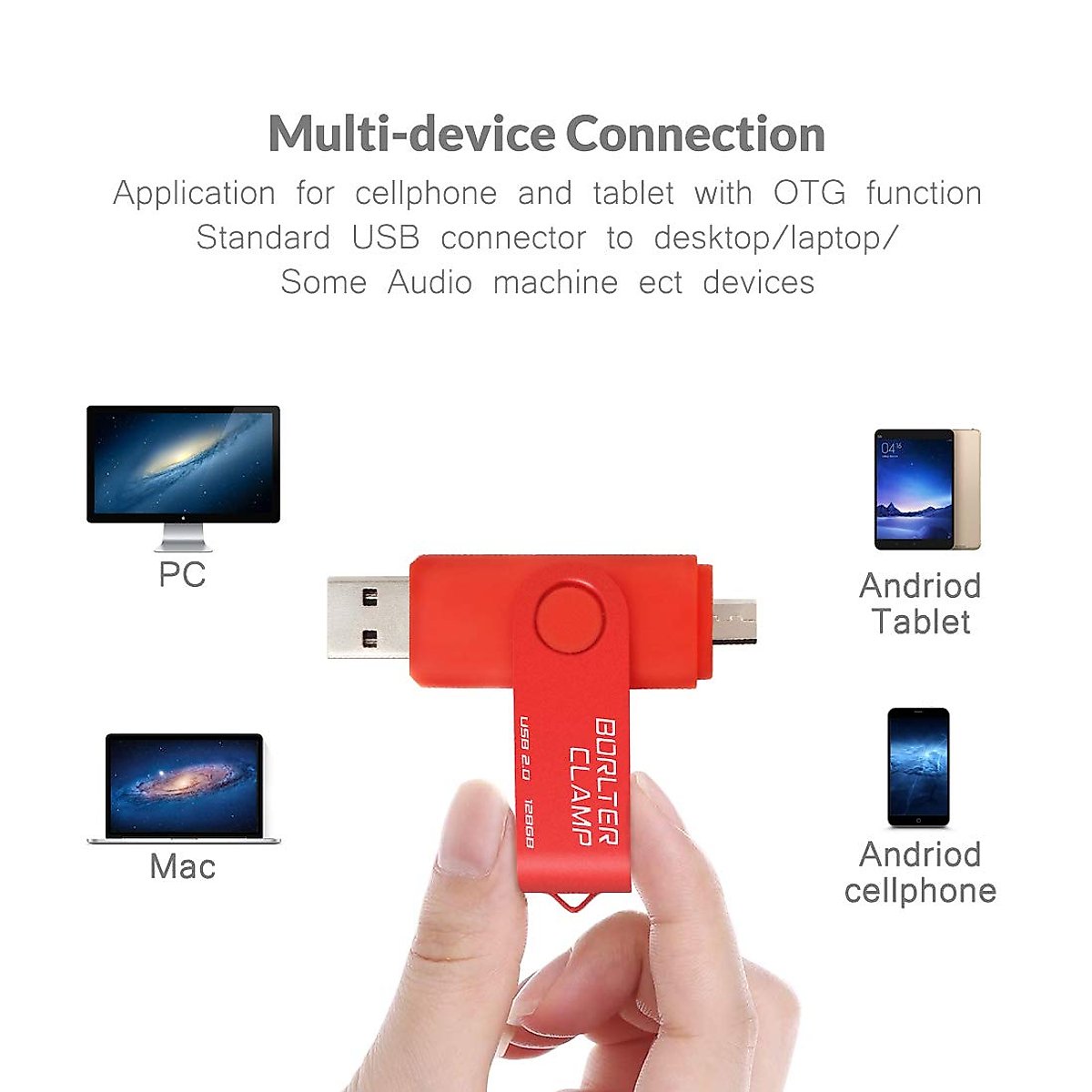 BorlterClamp 128GB USB Flash Drive Dual Port Memory Stick, OTG Thumb Drive with Micro USB Drive Port for Android Smartphone Tablet & Computer (Red)