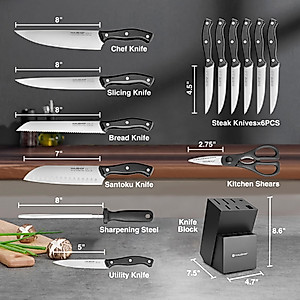 HAUSHOF 14 PCS Kitchen Knife Set With Block Wooden, Razor-Sharp Stainless Steel, Forged Triple Rivet, Chefs, Santoku, Slicing, Utility & 6 Steak Knives, Black