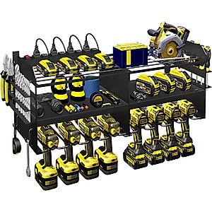Spaclear Power Tool Organizer with Charging Station,3 Layer Holders Heavy Duty Metal Power Tool Storage Rack with 8 Drill Holders, Garage Tool Organizer and Storage with 8 Outlet Power Strip