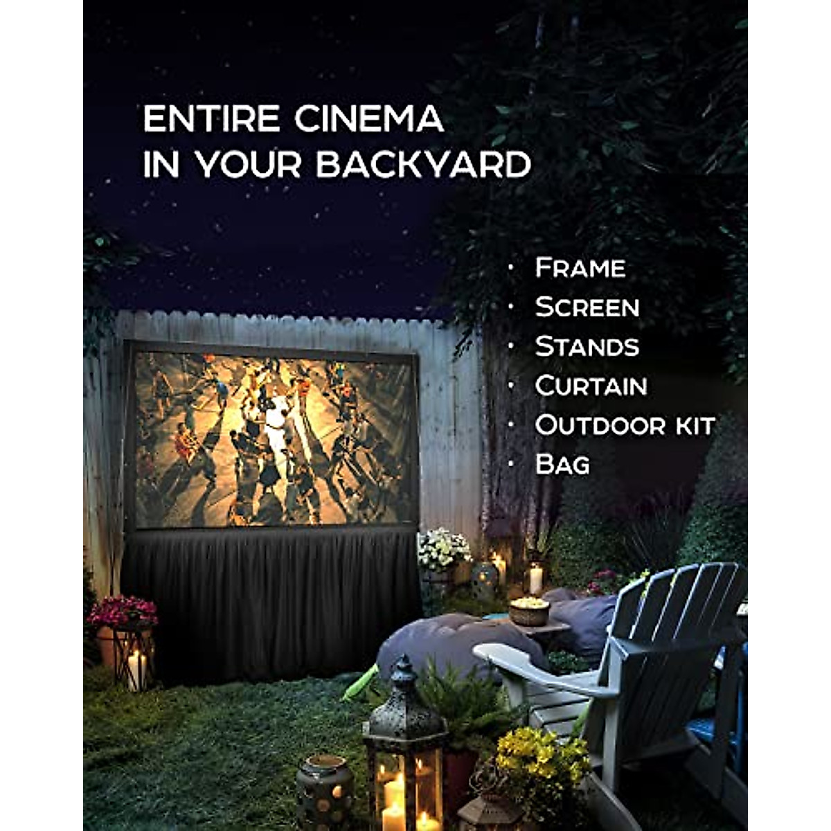 80 inch Outdoor Projector Screen and Stand or Wall Mount - 2 in 1 Indoor Outdoor Movie Screen - Premium Portable Projection Screen HD 16:9 - Large Metal Fast Foldable Fixed Frame - Theater Skirt