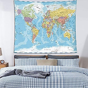 World Map Tapestry for Bedroom Map Men Tapestry Blue World Geographical Distribution Tapestry Aesthetics Large Poster Art Room Decor Wall Hanging for Student Kids Dorm Office Living Room (51''x 60'')