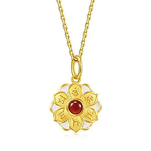 CHOW SANG SANG Cultural Blessing 999.9 24K Solid Gold Om Mani Padme Hum with Red Agate Pendant for Women 93484P | [Not Include the Necklace]