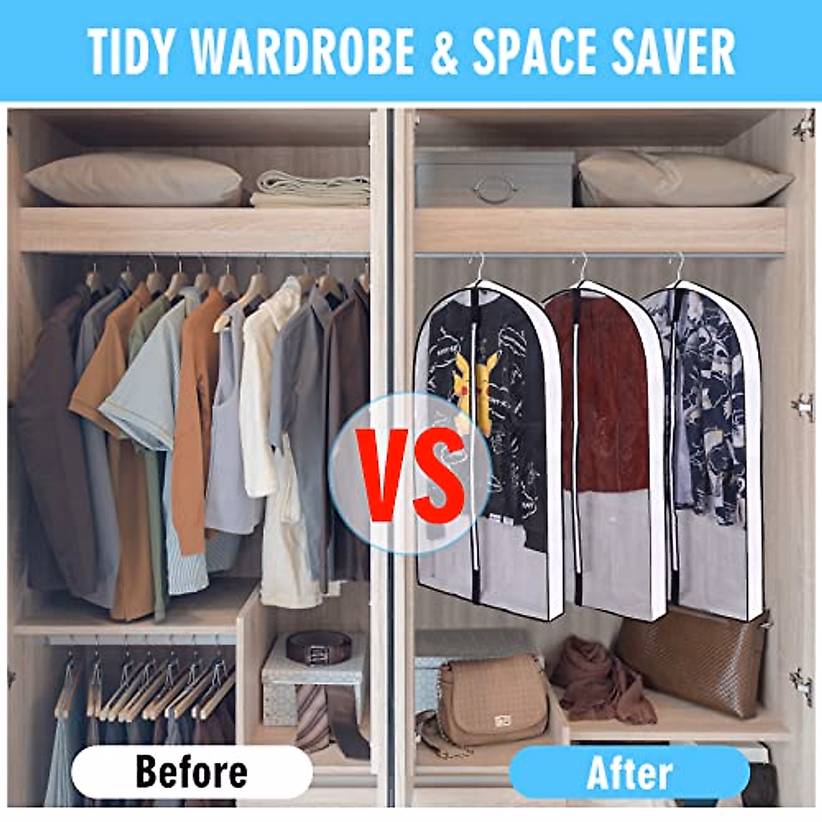 WinFong 50" Garment Bags for Hanging Clothes, Clear Moth Proof Suits Covers with 4" Gussets for Closet Storage and Travel Hanging Clothes Bag for Coat, Sweater, Jacket, Dress, Shirts, 3 Pack