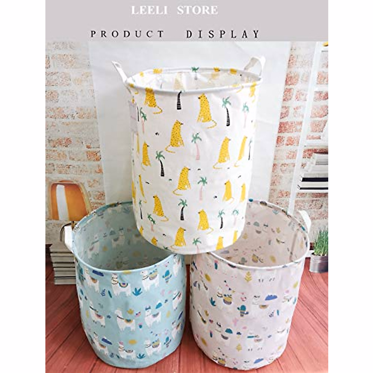 LEELI Laundry Hamper with Handles Collapsible Canvas Laundry Basket,Waterproof Storage Basket Home Organizer for Nursery,Clothes,Toys,Baby Hamper19.7×15.7(Blue Llama)