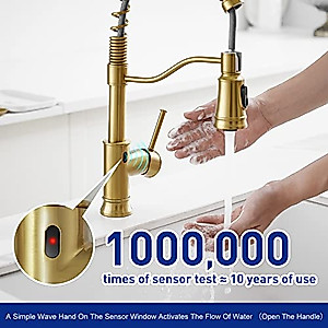 WOJIUBUXIN Brushed Gold Touchless Kitchen Faucet with Pull Down Sprayer Motion Sensor Smart Brass Kitchen Sink Faucet Single Handle Commercial Faucet for Kitchen Sink