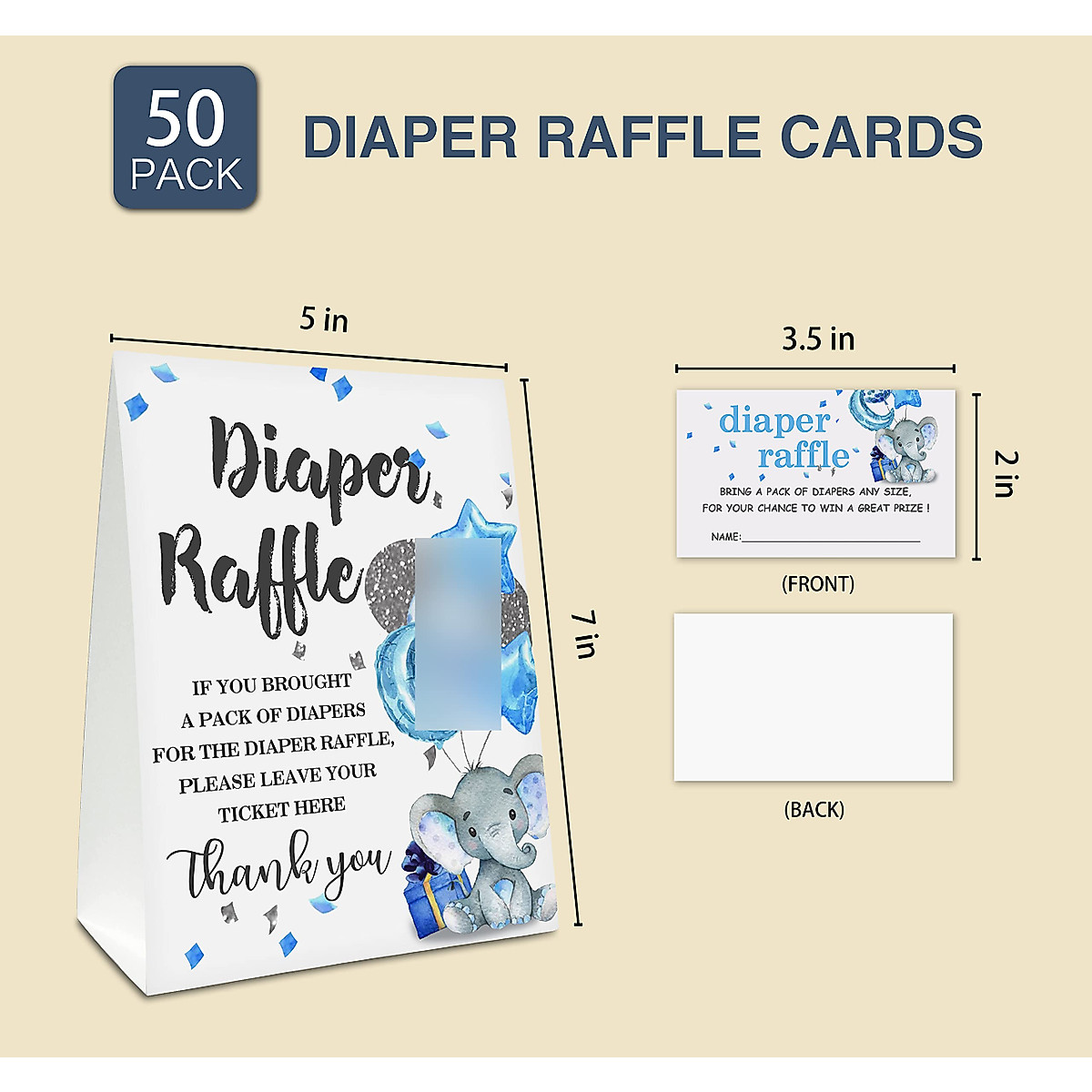 Diaper Raffle Tickets For Shower, Blue Elephant Themed Cards,Party Favors For Showers Game Cards, 1 Sign & 50 Cards Per Pack – (bb006-niaobu)