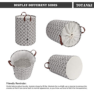 TOTANKI 60L Large Laundry Basket with Durable Leather Handle, Thickened Drawstring Round Collapsible Laundry Hamper, Dirty Clothes Storage Basket for Bedroom, Bathroom, College Dorm (Grey, L)