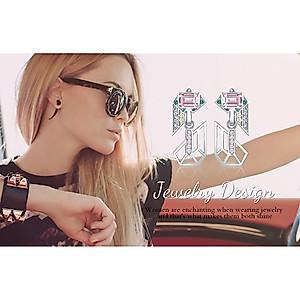 JewelryPalace Emerald Cut 6.3ct Pink Cubic Zirconia Dangle Earrings for Women, Openable geometric 925 Sterling Silver 14k Gold Plated Earrings for Her, Art Deco Gemstones Jewelry Sets for Women