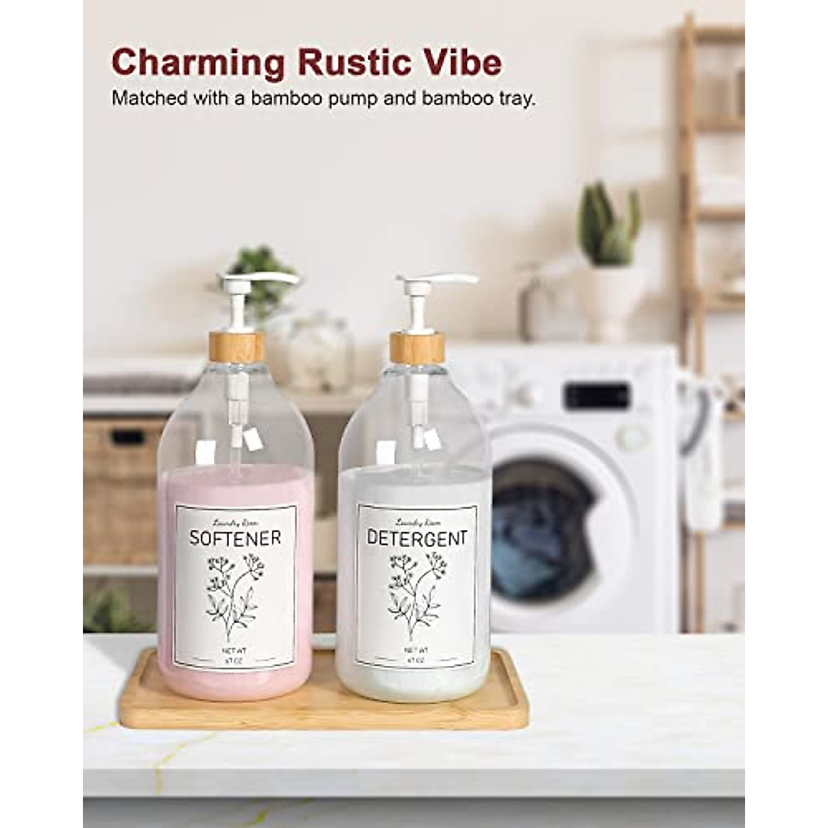 Liquid Laundry Detergent Dispenser, Laundry Detergent Container for Laundry Room, 67oz Storage Container for Farmhouse Decor, Includes Pumps, Collapsible Funnel, Labels and Bamboo Tray