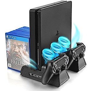 URWOOW Vertical Stand for PS4/PS4 Slim/PS4 Pro - Cooling Fan with PS4 Charger Controller Charging Station with Game Storage (Black)