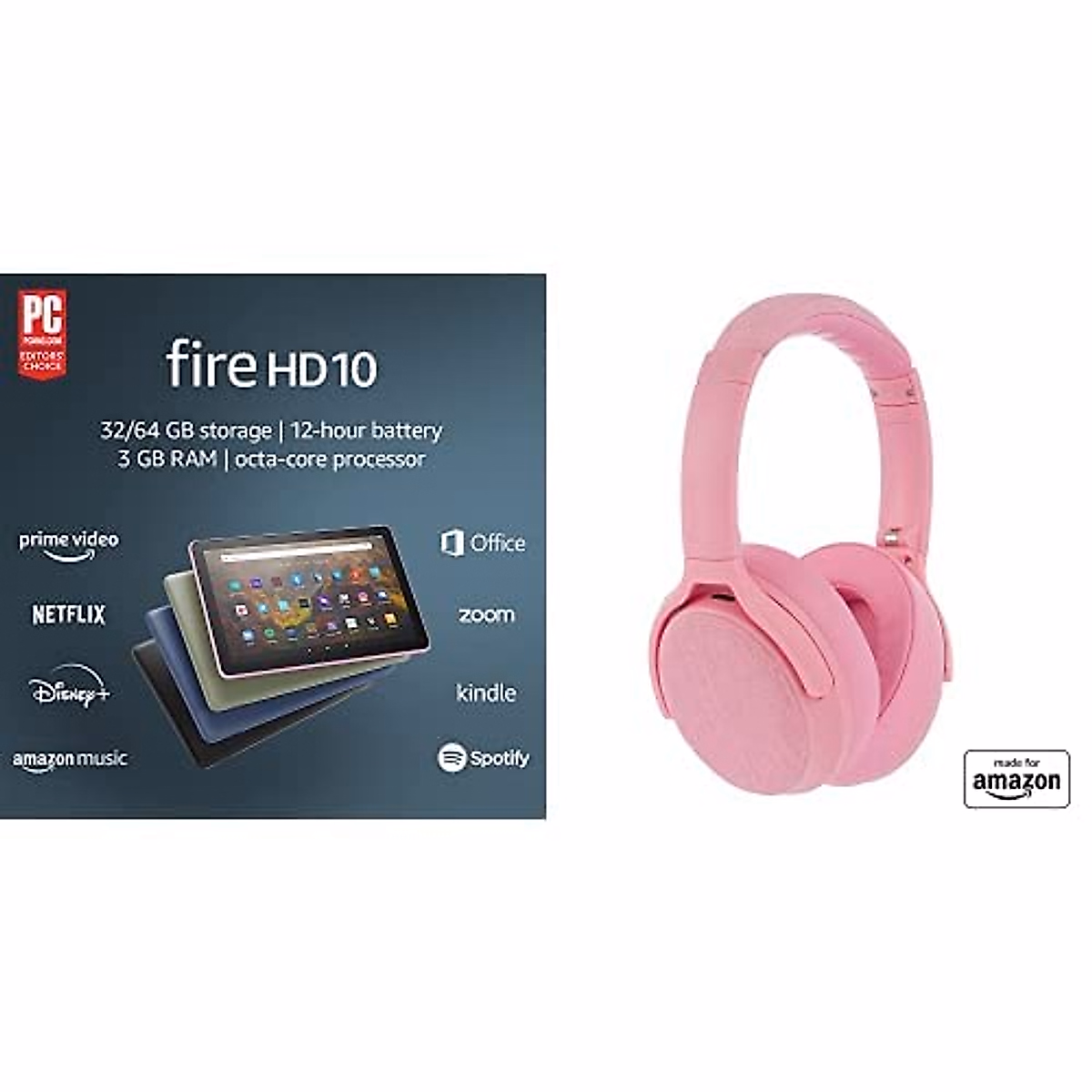 Tablet Bundle: Includes Amazon Fire HD 10 tablet, 10.1", 1080p Full HD, 32 GB (Lavender) & Made for Amazon Active Noise Cancelling Bluetooth Headphones (Rose)