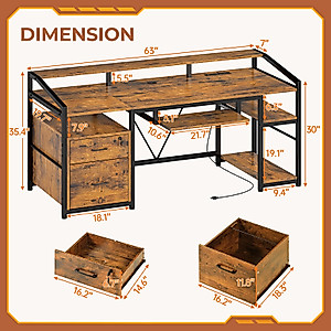 SEDETA 63" Computer Desk, Office Desk with Lock Drawers for Legal/Letter File, Gaming Desk with LED Light & Power Outlet, Home Office Desks for Printer, Rustic Brown