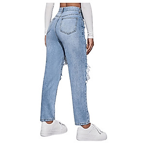 MakeMeChic Women's High Waist Straight Leg Ripped Jeans Distressed Denim Pants Light Wash2 L
