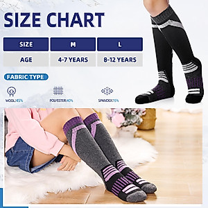 Kids Ski Socks Merino Wool Winter Warm Thermal Hiking Snowboarding Knee High Heavy Boot Socks for Toddler Boys Girls 2 Pairs(Black/Grey, 4-7 Years)