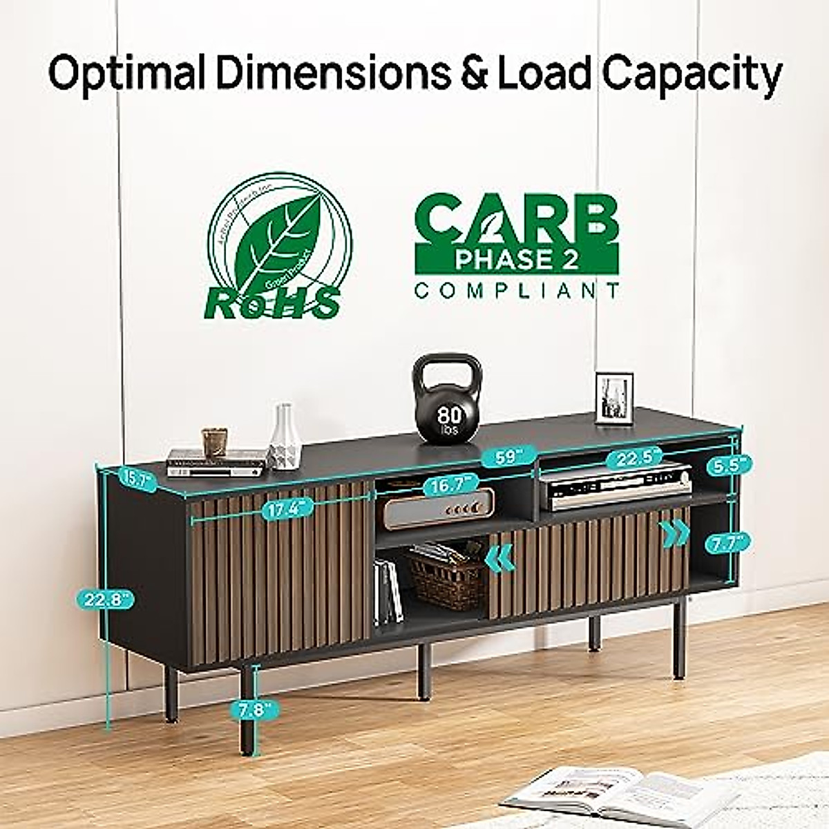 TV Stand, Wood Entertainment Center with Storage Shelves Cabinet, 59" Mid Century Modern Television Stand for up to 65", TV Console Table for Bedroom, Living Room