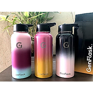 GenFlask 32oz insulated vacuum Stainless Steel ombre water bottle - Wide mouth straw lid leakproof tumbler (Black-Baby-Pink)