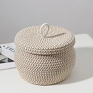 MARURY Round Basket with Lid for Storage, Decorative Basket Cotton Rope Woven Basket with Lid Living Room Bedroom Basket