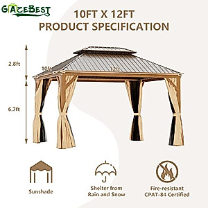 GAZEBEST 10' X 12' Permanent Hardtop Gazebo, Outdoor Galvanized Steel Double Roof Pavilion Canopy with Wood-Grain Coated Aluminum Frame and Privacy Curtains for Garden Patio,Backyard,Deck and Lawns