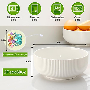 KMIGRUAN 60oz Salad Bowl Set,2 Pack Serving Bowls for Entertaining,8inch Large White Ceramic Bowl for Side Dishes,Soup, Pho, Cereal, Pasta, Fruit, Microwave and Dishwasher Safe
