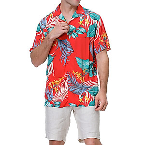 Damipow Hawaiian Shirts for Men Short Sleeve Aloha Beach Shirt Floral Summer Casual Button Down Shirts,Orange49690,4,M