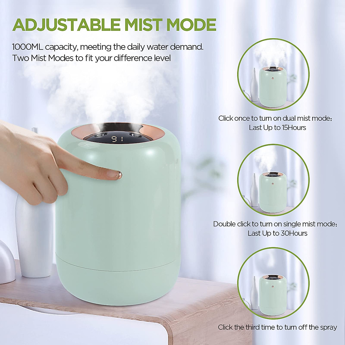 MayPal Humidifiers for Bedroom, Cool Mist Humidifier,1L Wireless Quiet Humidifiers with Battery for Baby Office,2 Spray Modes & 4Timer, Auto Shut-Off,Easy to Clean
