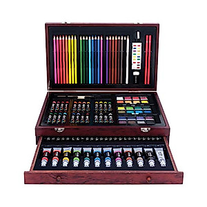 Art 101 USA Deluxe Art Set with 119 Pieces in a Wood Organizer Case, Includes Color Pencils, Paints, brushes and palettes, Learning guides, Portable Art Studio