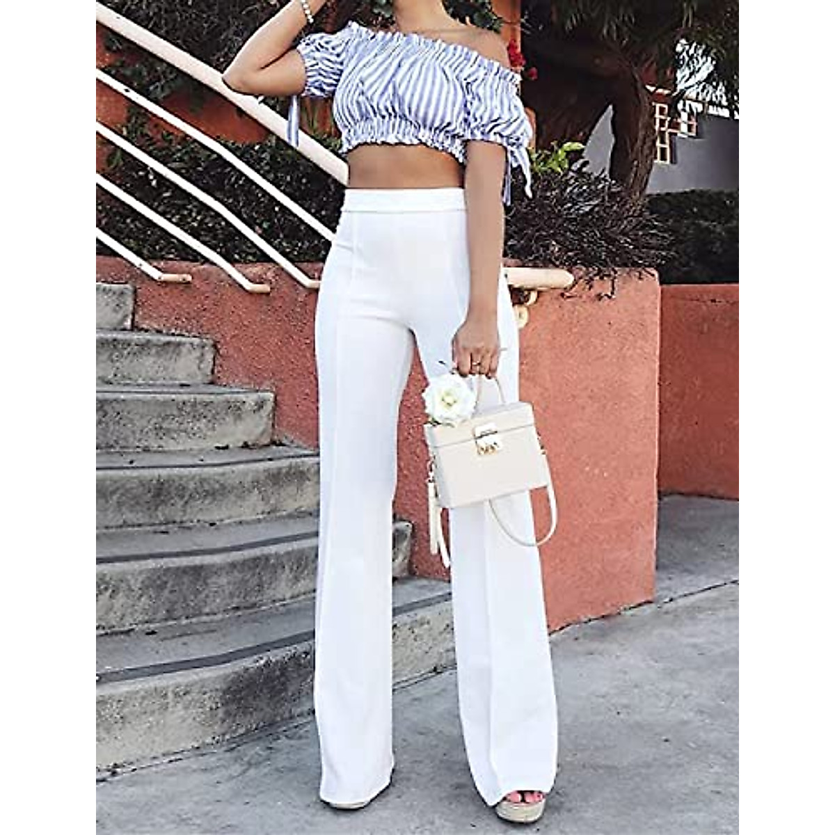 LIVECLOTH White Flare Dress Pants, White Pants, White Flare Pants for Women, Pants for Women, Women's Casual Work Business Fit and Flare Stretchy Pants, Straight-Leg Straight Long Trouser (White, L)