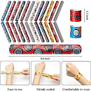 Haooryx 74PCS Racing Car Slap Bracelets 50PCS Race Car Stickers Party Favors Racing and Speed Themed Wristband Checkered Flags Slap Bracelets for Kids Car Birthday Party Classroom Rewards Supplies