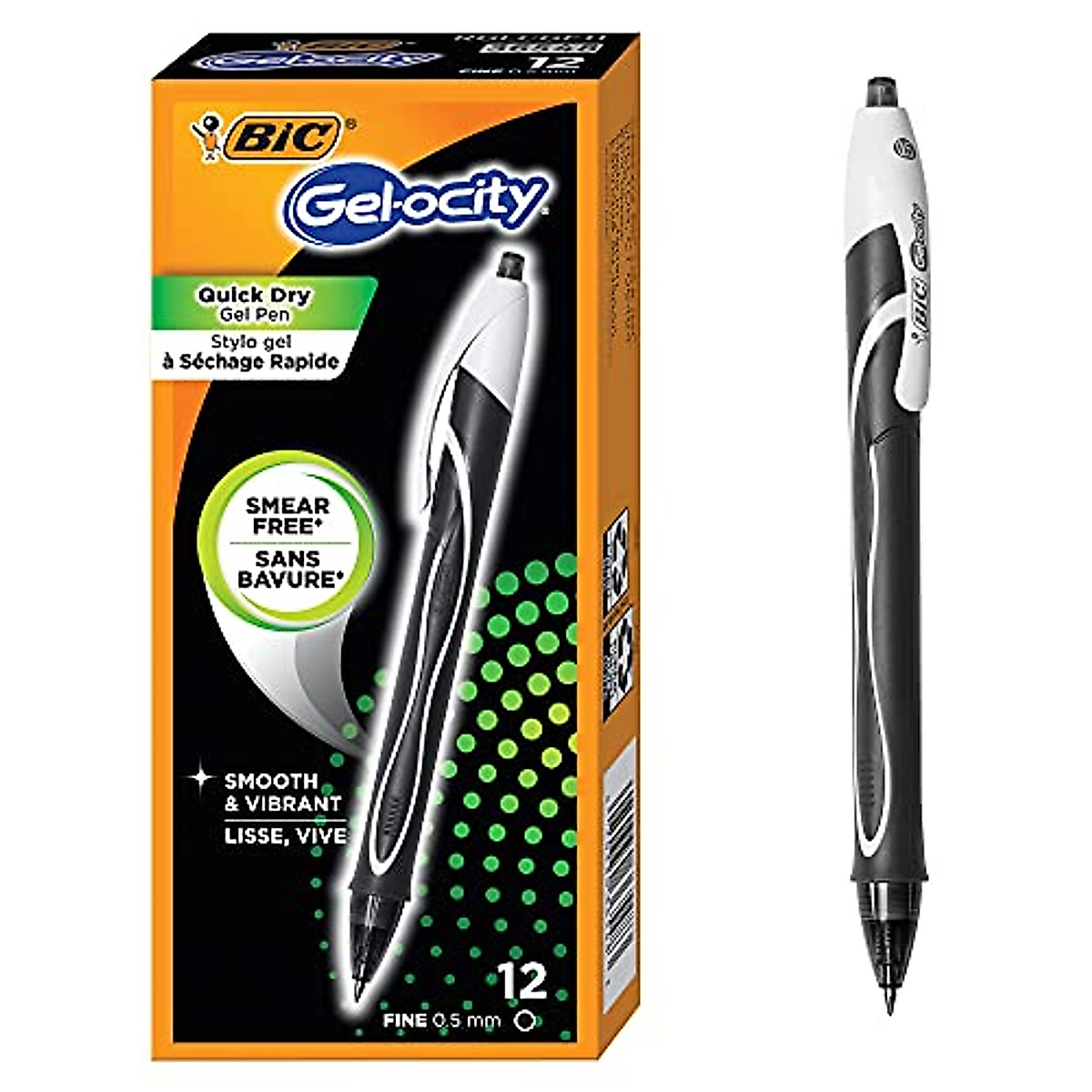 BIC Gel-ocity Quick Dry Gel Pen, Fine Point (0.5mm) - Box of 12 Black Gel Pens