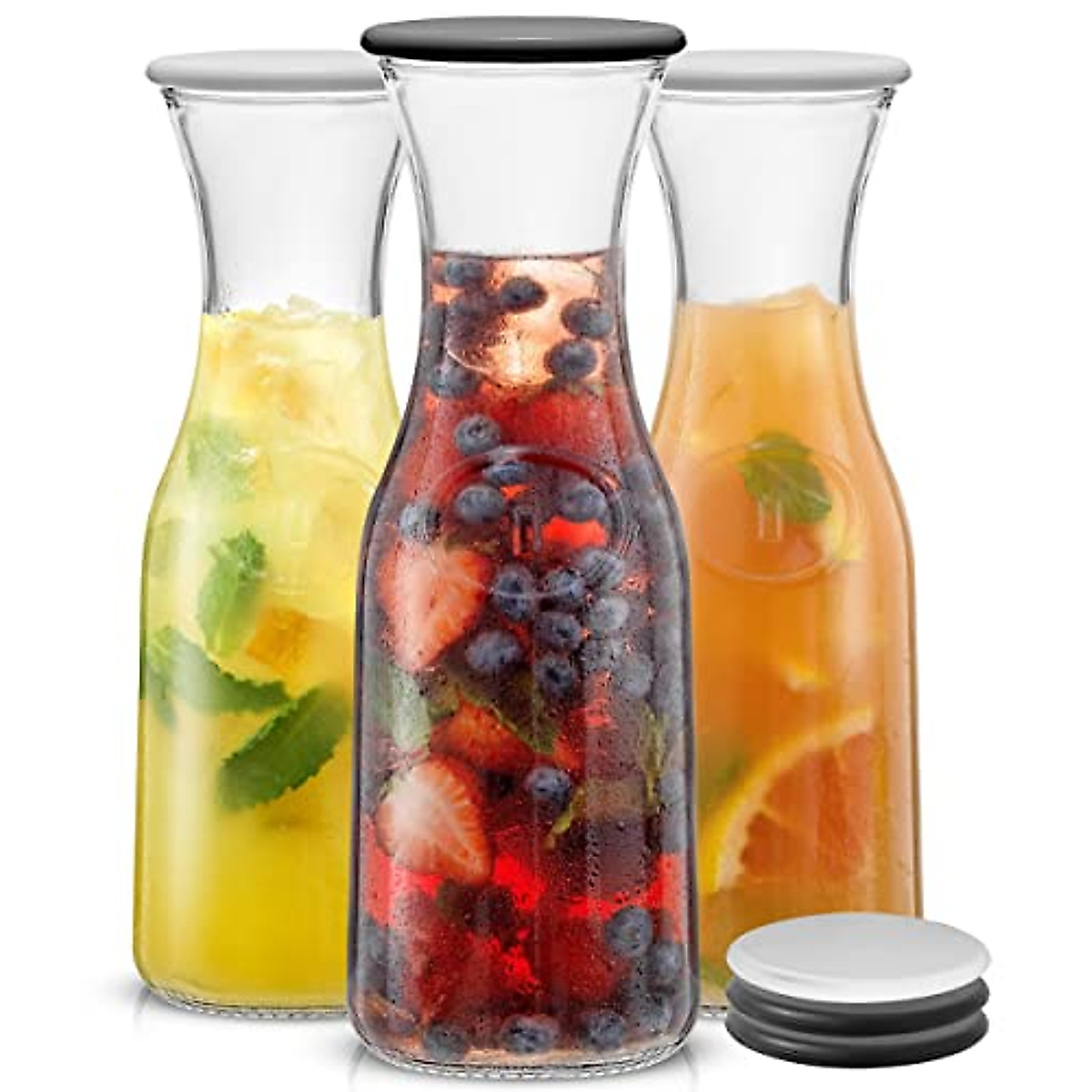 JoyJolt Glass Carafe with Lids. 3 Glass Carafes for Mimosa Bar 36 oz Capacity. 6 Lids! Brunch Decorations, Bedside Water Carafe, Orange Juice Container, Catering Drink Carafes & Pitchers for Parties