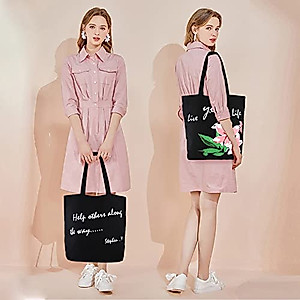MEL JUN Canvas Tote Bag for Women, Light Beach Bags Gym Tote Reusable Grocery Bag Reading Totes Weekend Church Bag Black Floral Tote Bags with Pink Flower