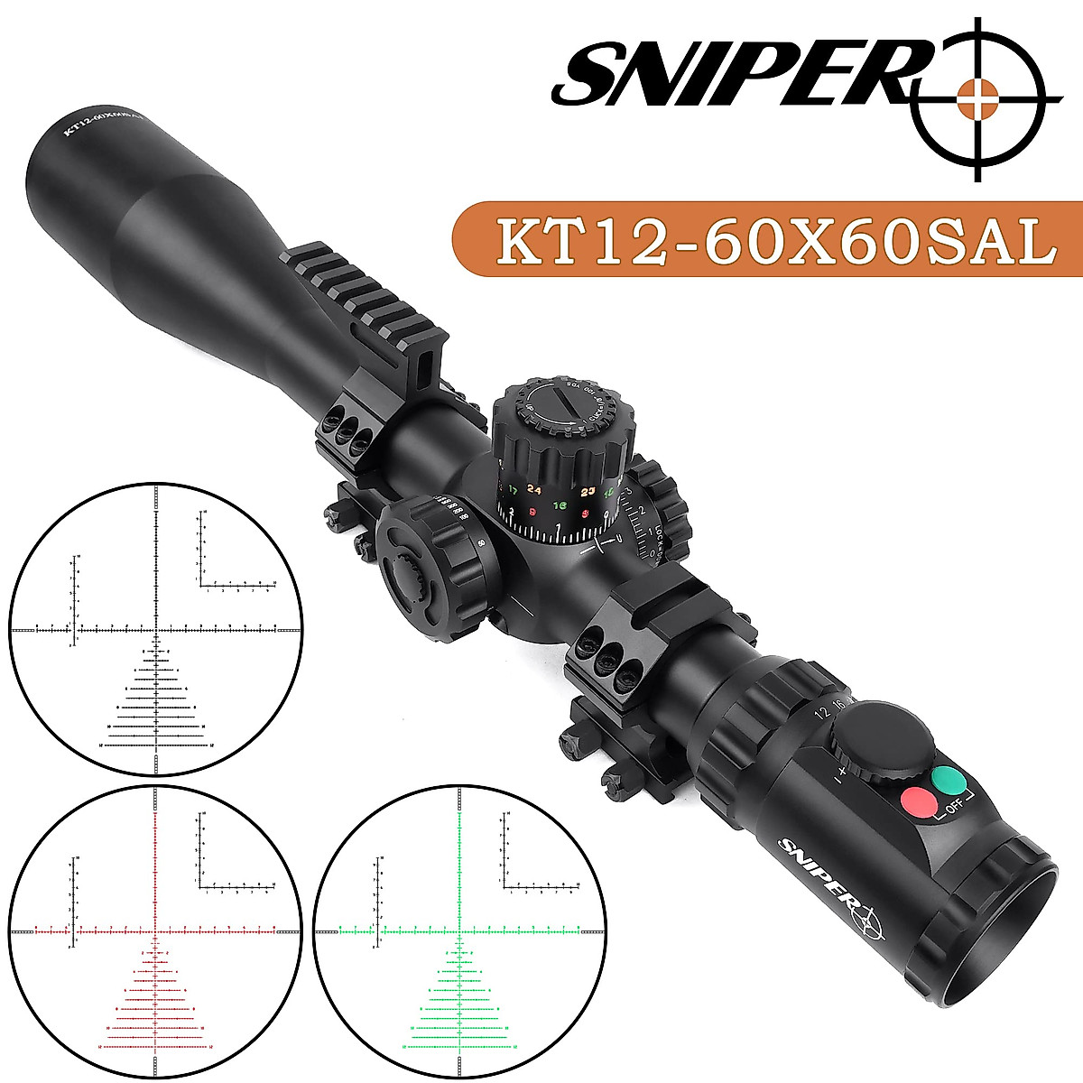 Sniper KT12-60X60SAL Long Range Rifle Scope 35mm Tube Side Parallax Adjustment Glass Etched Reticle Red Green Illuminated with Scope Rings