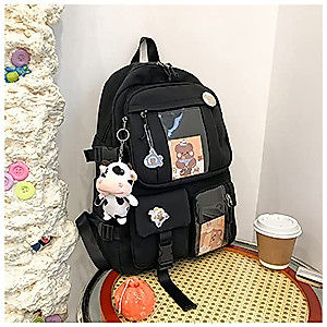 GGOOB Kawaii Backpack with Pins School Cute Aesthetic for (Black,With Accessories)