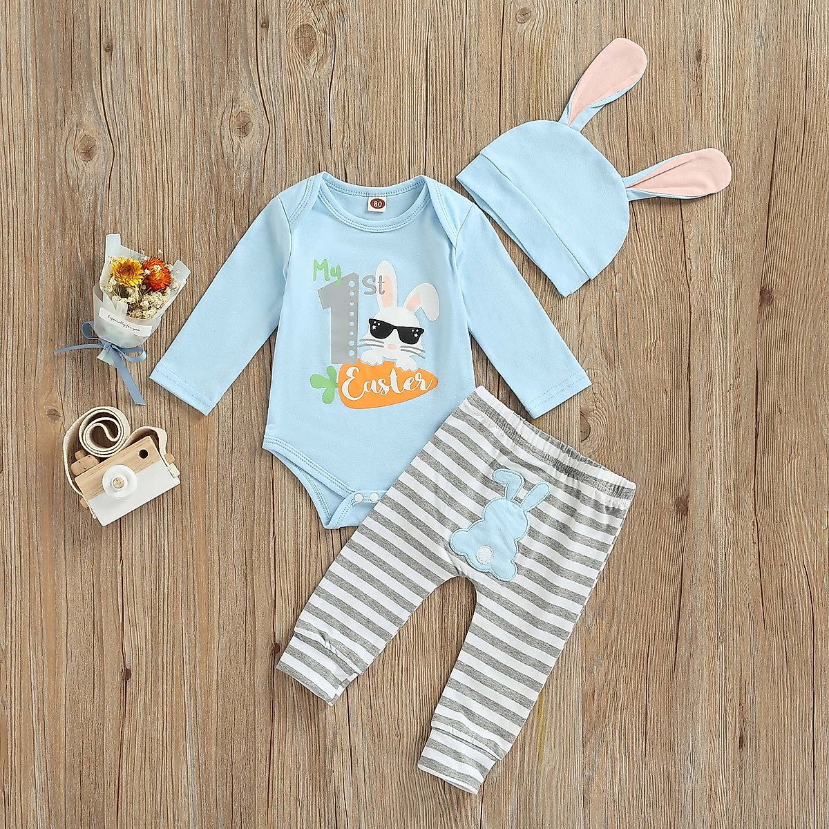 Meiweileya Newborn Baby Boys Easter Bunny Outfits My 1st Easter Romper+Striped Pants+Ear Hat 3Piece Rabbit Clothes Set (Light Blue, 3-6 Months)