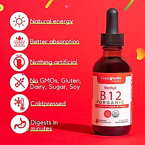 LIQUIDHEALTH Methyl Vitamin B12 Organic Liquid Pure Drops, Methylcobalamin Energy Boost, Focus Improve Memory, Natural Metabolism Vegan Safe Sublingual Hydroxocobalamin, 2 Fl Oz