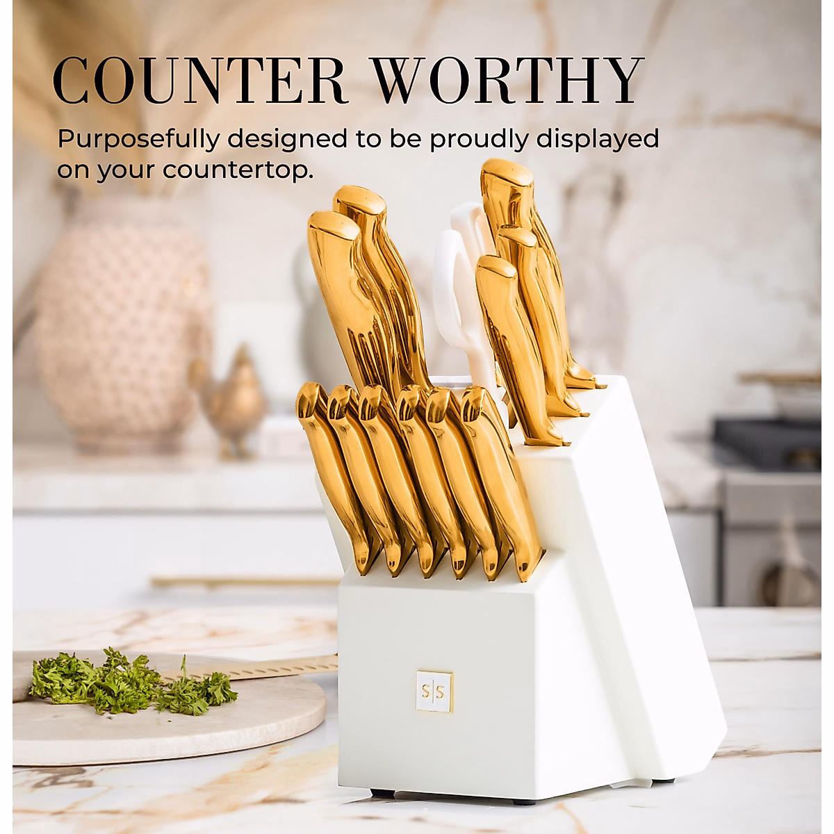 STYLED SETTINGS White and Gold Knife Set with Sharpener -14PC Self Sharpening Knife Block Set Includes Luxurious Full Tang Knives and White Knife Block - White and Gold Kitchen Decor Accessories