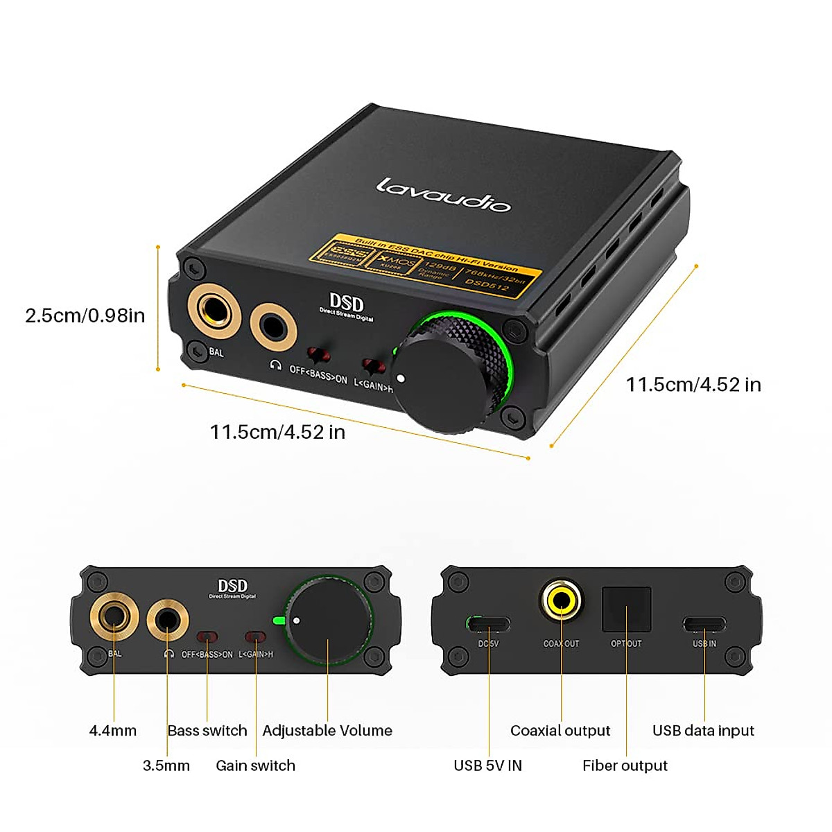 1Mii Lavaudio DS400 Portable DAC/Headphone Amplifier Stereo Supports 768K/32Bit and Native DSD512, Hi-Res Hi-Fi for PC Headphone Out/3.5/4.4 mm/Coaxial/Optical Out Windows/Android/iOS Compatible