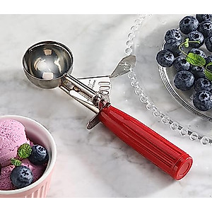 New Star Foodservice 537720 Commercial-Grade Thumb Press Food Disher/Ice Cream Scoop, 18/8 Stainless Steel, 1.75 oz, Size 24, Red