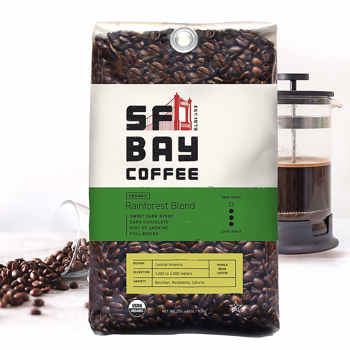 San Francisco Bay Whole Bean Coffee - Organic Rainforest Blend (2lb Bag) and Fog Chaser (2lb Bag), Medium Dark Roast